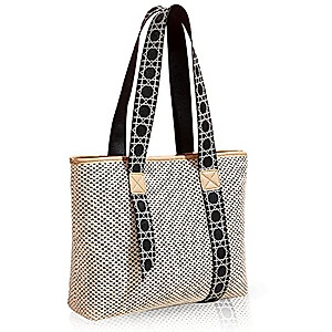 QTKJ Straw Bag, Beach Bags for Women, Soft Woven Beach Tote Canvas Shoulder Strap, Handmade Rattan Handbag for Vacation, Travel and Daily (Black 2)