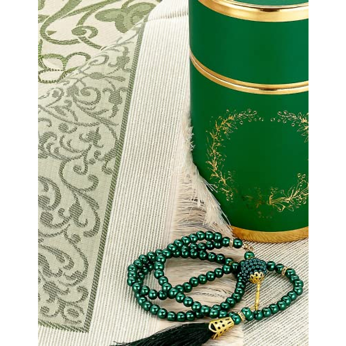 Prien Muslim Prayer Rug, Prayer Beads, Figured Cylinder Gift Box, Muslim Set Pearl Tasbih, Sajadah, Elegant Islamic Gifts, Soft Praying Mats, Light Prayer Carpet Mat, Taffeta Fabric (Green)