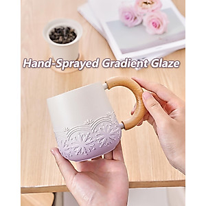 ZENS Tea Mug with Infuser and Lid for Loose Leaf Tea Steeper, 11 oz Embossed Ceramic Tea Cup with Strainers for Tea Steeper, Wood Handle Gradient Tea Cup for Daughter, Collector's Mug Gifts