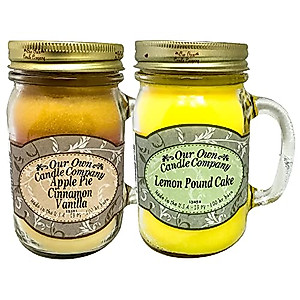Our Own Candle Company Apple Pie Cinnamon Vanilla & Lemon Pound Cake Scented Candles, 13 Ounce Mason Jar Candle (2 Candles)