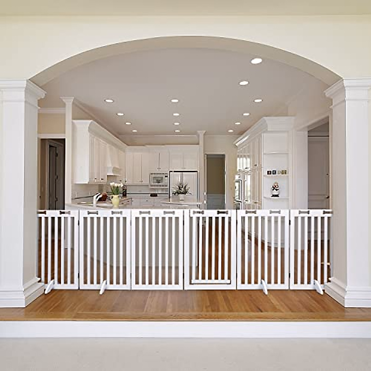 Arf Pets Freestanding Dog Gate with Door, 6 Panel 360° configurable Wooden Fence, 120" Wide, 31.5" Tall, Foldable, Four Support Feet Included, for The House - Indoor Use