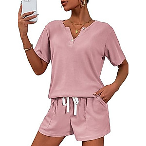 Ekouaer Women's Sets Comfy Waffle Pajamas Knit Sleepwear Button Down Lounge Set Short Sleeve Pjs with Pocket