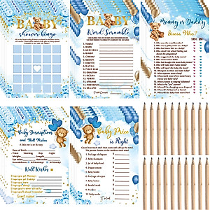 125 Pcs Bear Baby Shower Games for Boy Girl 5 Game Activities Bear Cards with 20 Pencils Includes Baby Bingo Guess Who Baby Price is Right Description Word Scramble Game(Blue)