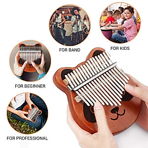 JeuRon 17 Keys Mahogany Kalimba Thumb Piano Finger Instrument With Portable Case Turning Hammer Study Instruction,Gift for Kids Adult Beginners and Professionals (OWL)
