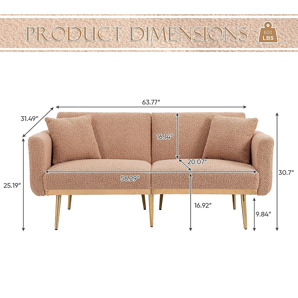Convertible Futon Sofa Bed, Upholstered Loveseat Sleeper Couch with 3 Reclining Angles and 2 Pillows, Modern Living Room Sofa Couch with 5 Solid Metal Legs for Guest Room, Office, Camel Teddy