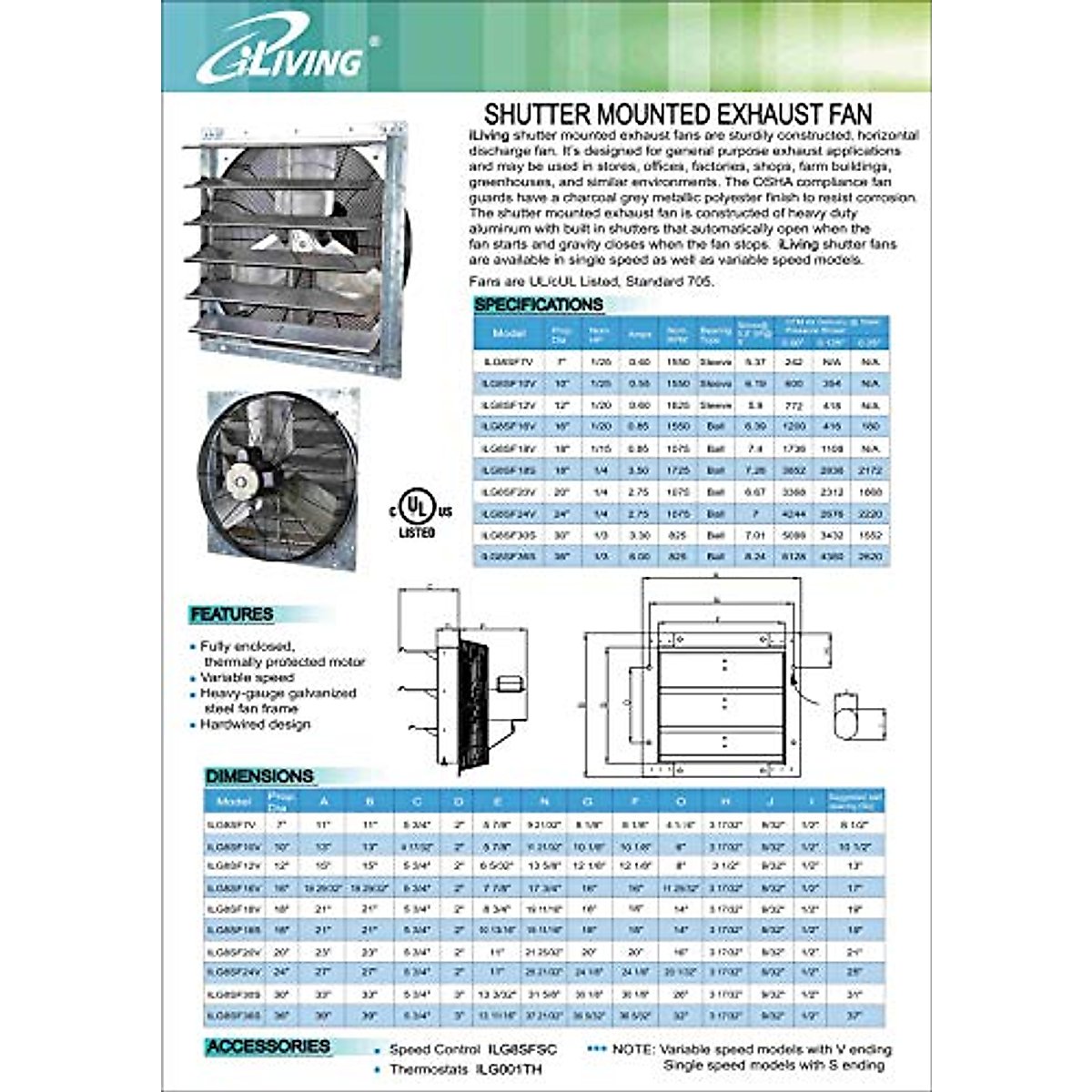 iLiving - 24" Wall Mounted Exhaust Fan - Automatic Shutter - Variable Speed - Vent Fan For Home Attic, Shed, or Garage Ventilation, 4244 CFM, 6200 SQF Coverage Area (Power Cord Not Included)