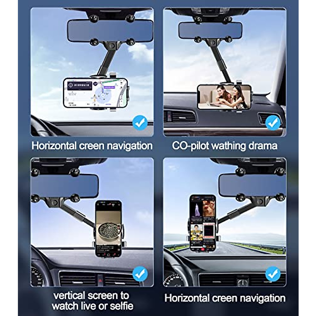 Mueczeo Windshield Phone Mount for Car, Rearview Holder Rotatable and Retractable Car Phone Holder for Car, 360° Rotating Car Phone Holder Mount Compatible with iPhone, Samsung & Other Smartphones