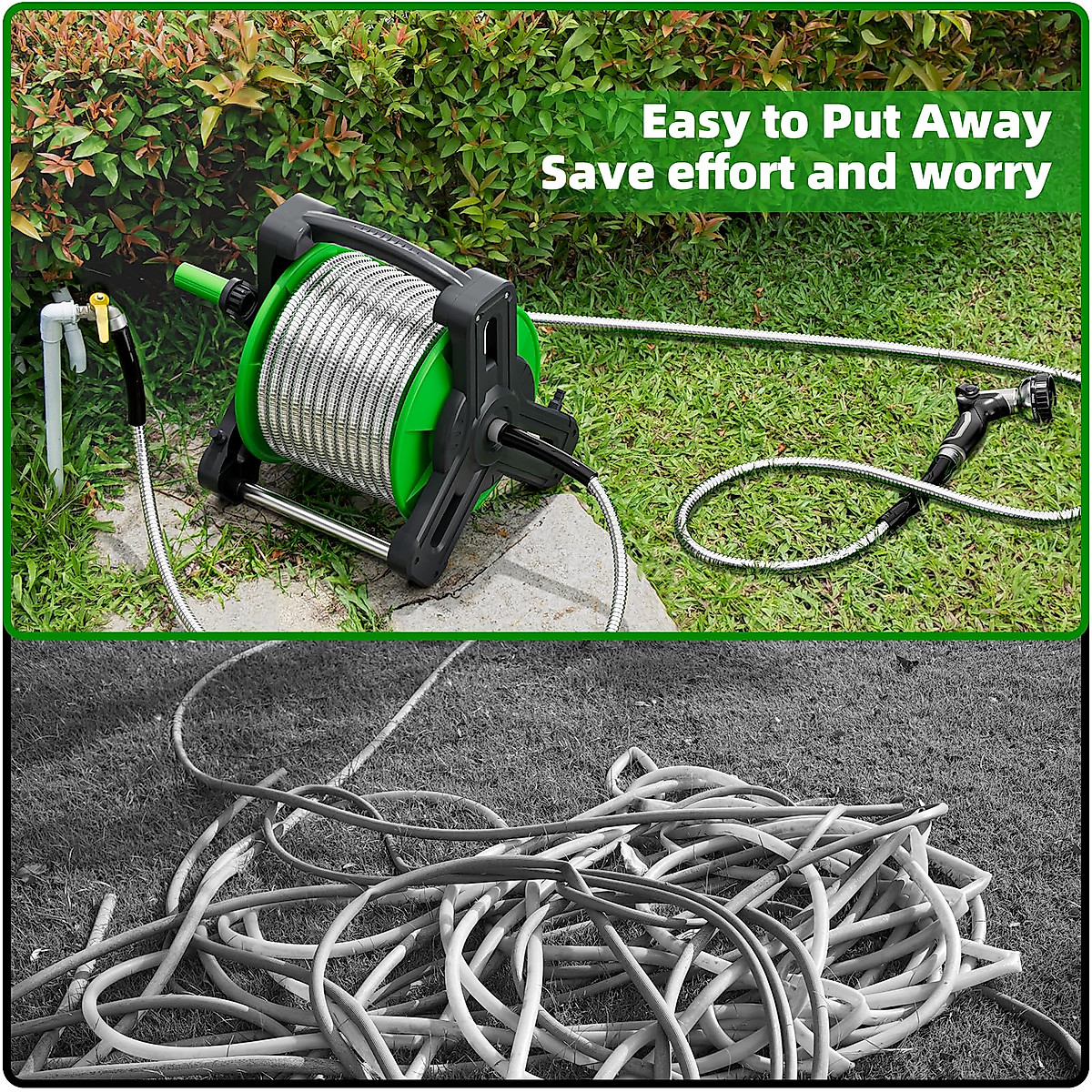 SPECILITE Wall Mount Garden Water Hose Reel with 75ft 304 Stainless Steel Metal Pipe and Nozzle for Outside, Yard, Patio,Space-Saving Design, Easy Storage, Green