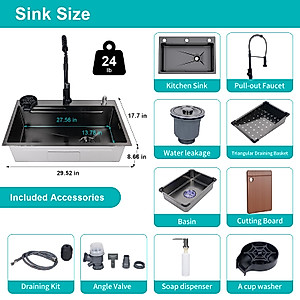 29.5 * 17.7 inch Kitchen Sink, Single Bowl Stainless Steel Sink Multifunctional Drop In Sink with Pull-Down Faucet and Multiple Accessories (black grey, 29.5 * 17.7 inch)