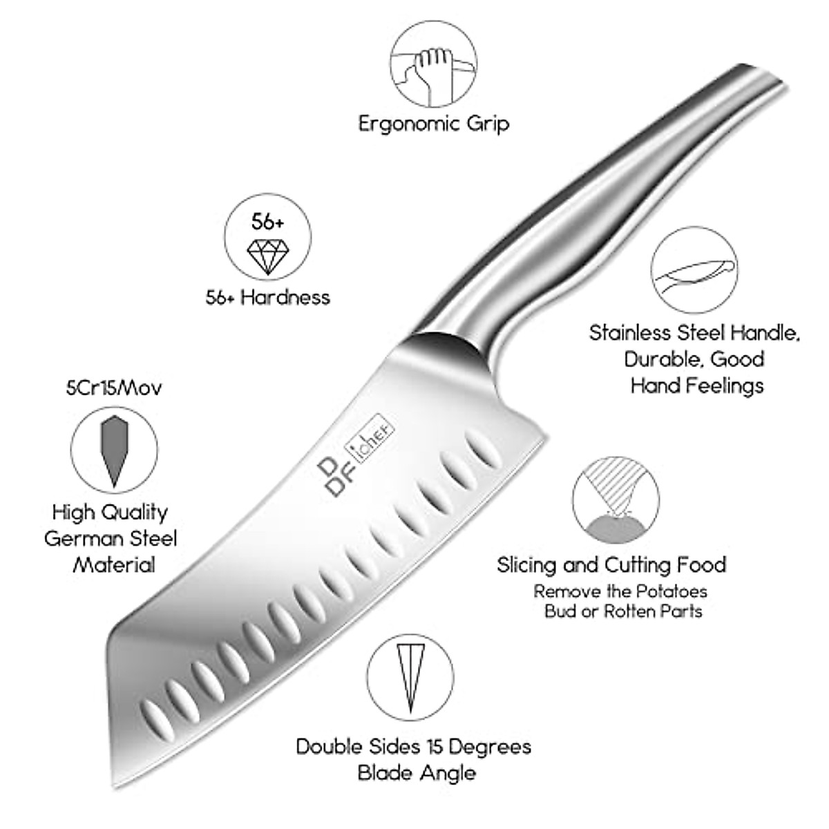 DDF iohEF Kitchen Knife, Chef's Knife In Stainless Steel Professional Cooking Knife, 7 Inch Antiseptic Non-slip Ultra Sharp Knife with Ergonomic Handle Ideal for Kitchen/Restaurant
