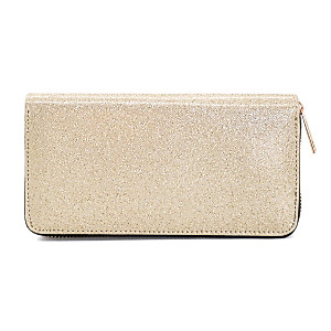 Premium Glitter Bling Smooth Vegan Leather Continental Zip Around Wallet, Gold