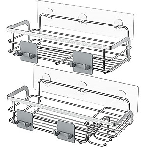Nieifi Shower Caddy with Built In Soap Holder Dish with Hooks, Shower Shelf Organizer Basket Rack Storage Rustproof Adhesive Washroom Bathroom Shelves, Drill Free 2 Pack
