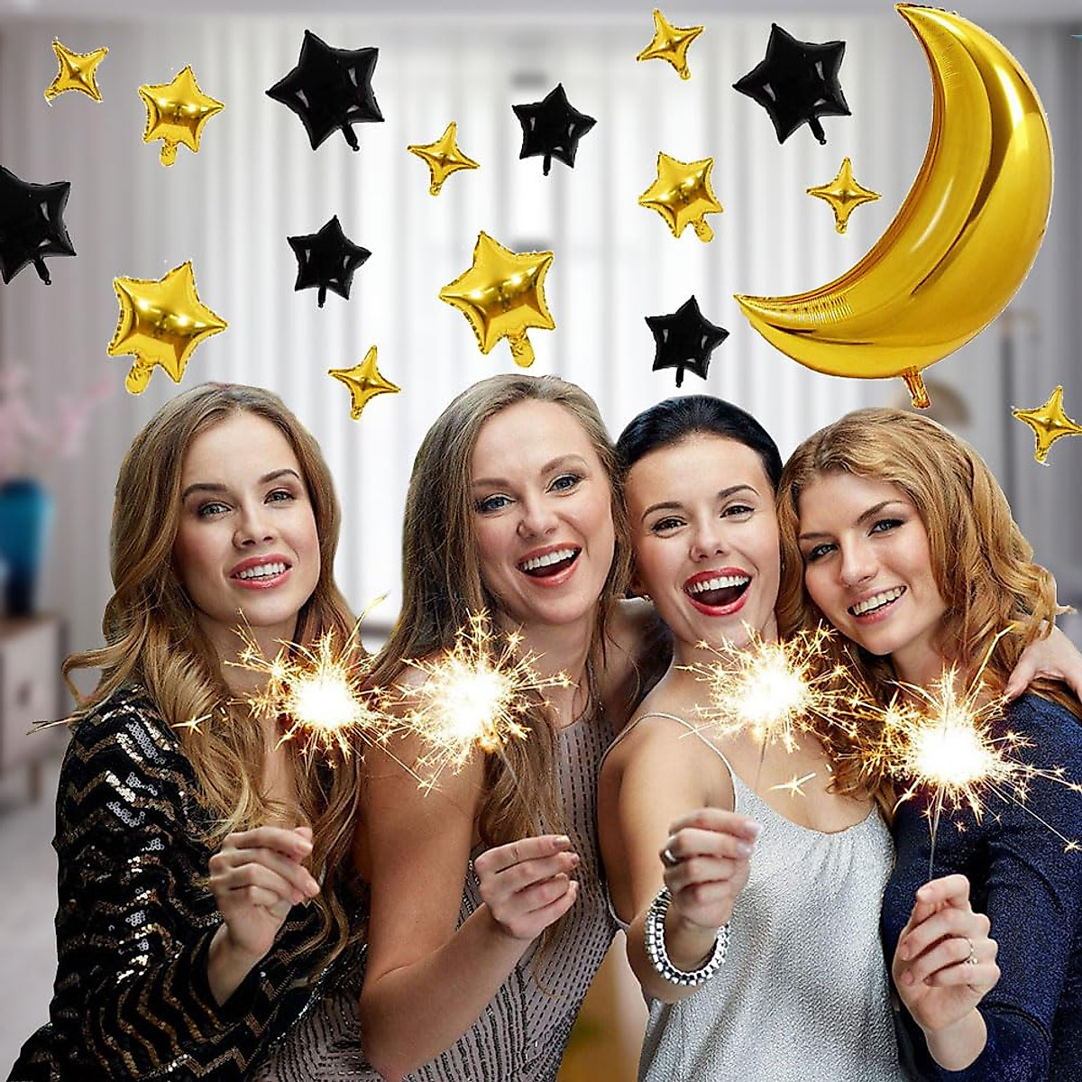 AnnoDeel 37 pcs Moon Star Mylar Balloons, 36inch Big Gold Moon Balloons and Gold Black Star Foil Balloons for Baby Shower Birthday Wedding PartyDecorations