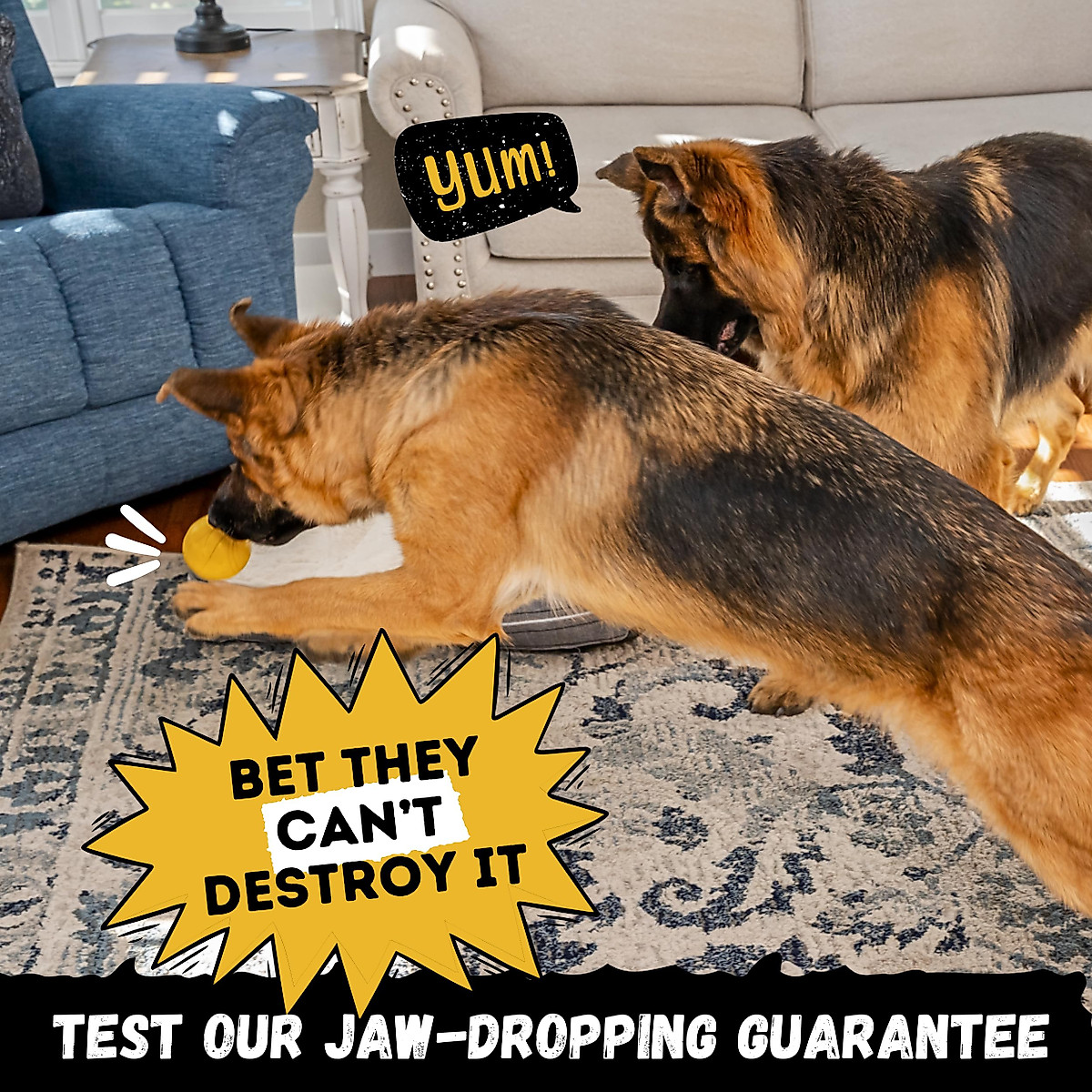 WoofBite Indestructible Dog Ball - Lifetime Replacement - Medium & Large Breed - Ultra Durable for Aggressive Chewers - Natural Rubber - Fetch Tug & Chew - 3in - Yellow (Highly Visible Color for Dogs)