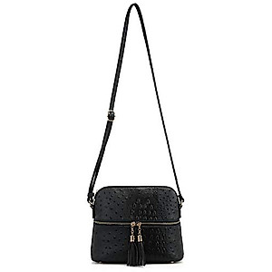 SG SUGU Crocodile Pattern Lightweight Medium Dome Crossbody Bag Shoulder Bag with Tassel | Black