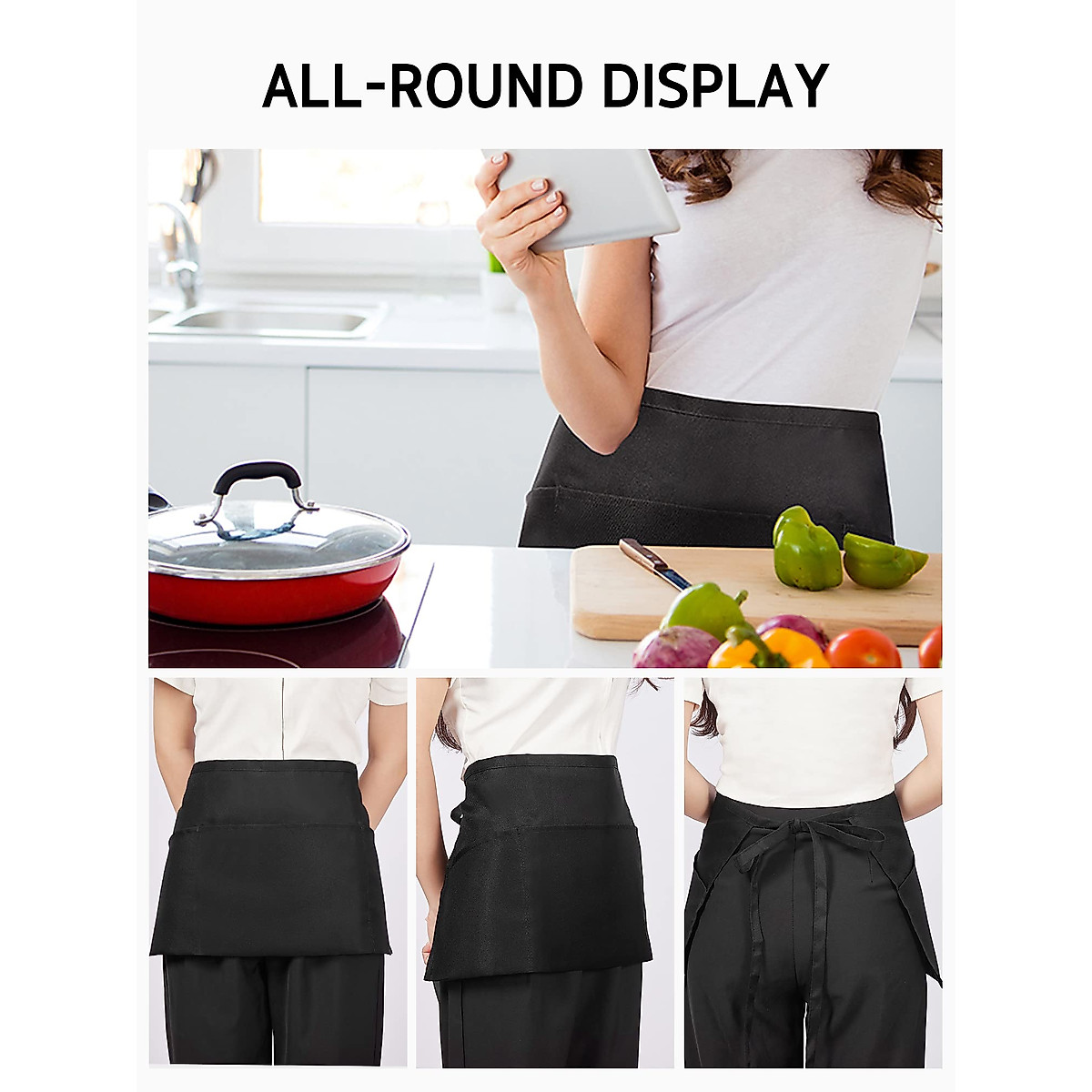 Syntus 6 Pack Server Apron with 3 Pockets, Waterdrop Resistant Waitress Waiter Waist Apron, 11.5-inch Black