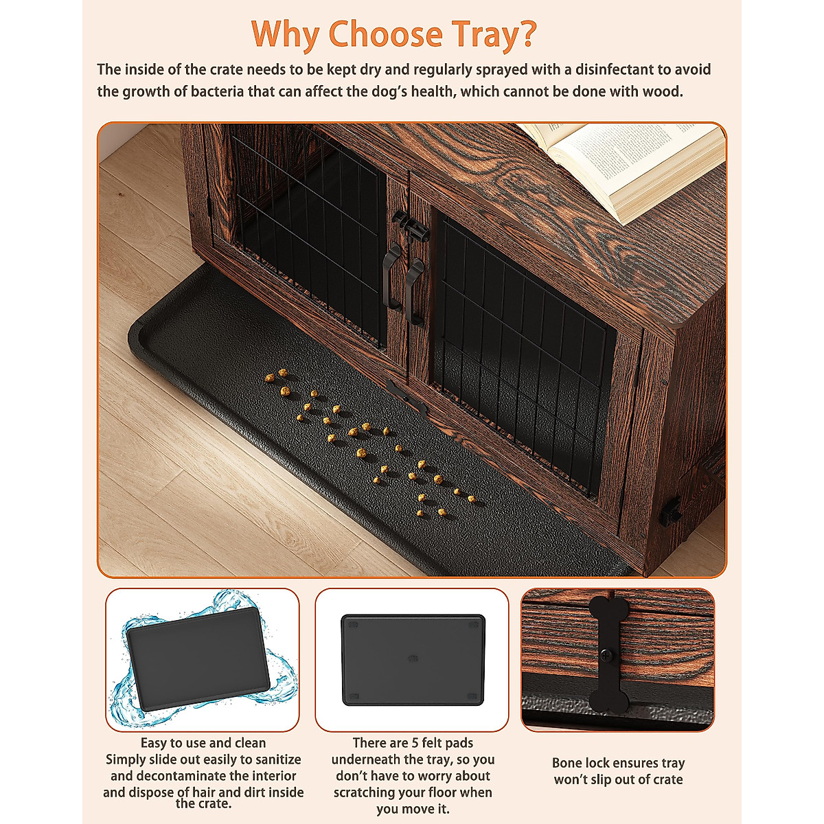 Piskyet Wooden Dog Crate Furniture with 360°Rotatable Removable Dog Bowls, Dog Crate End Table with Tray, Double Doors Dog Kennels for Dogs(M:31.8" L*22.1" W*24.1" H, Rustic Style)