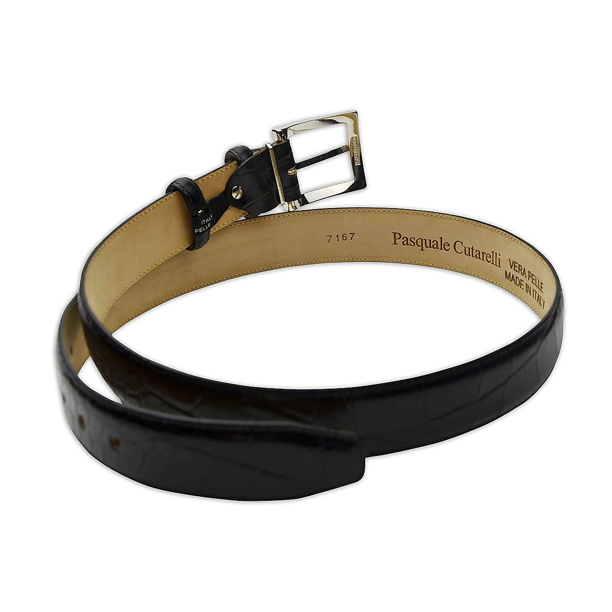 PASQUALE CUTARELLI Mens Crocodile Pattern Italian Leather Belt Black Small 34 Inches