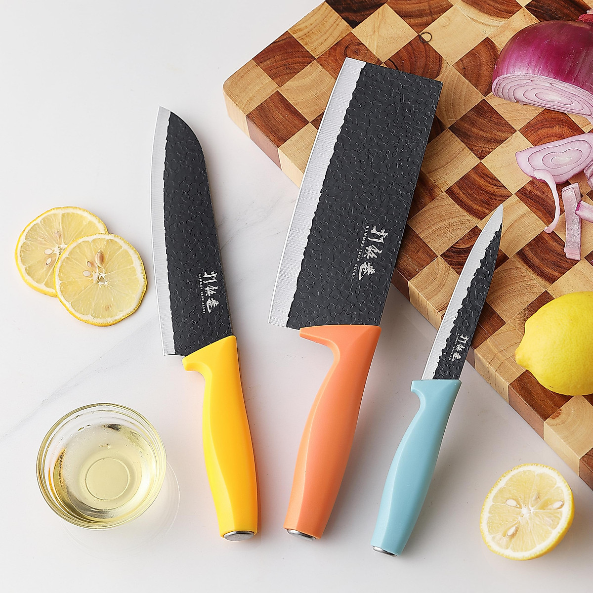 3PCS Kitchen Knives, HIA Stainless Steel Chef Knife Set, Includes 7 inch Chef Knife, 7 inch Cleaver Knife and 4.5 inch Boning Knife, Ultra Sharp Blade with Ergonomic ABS Handle (Blue, Yellow, Orange)