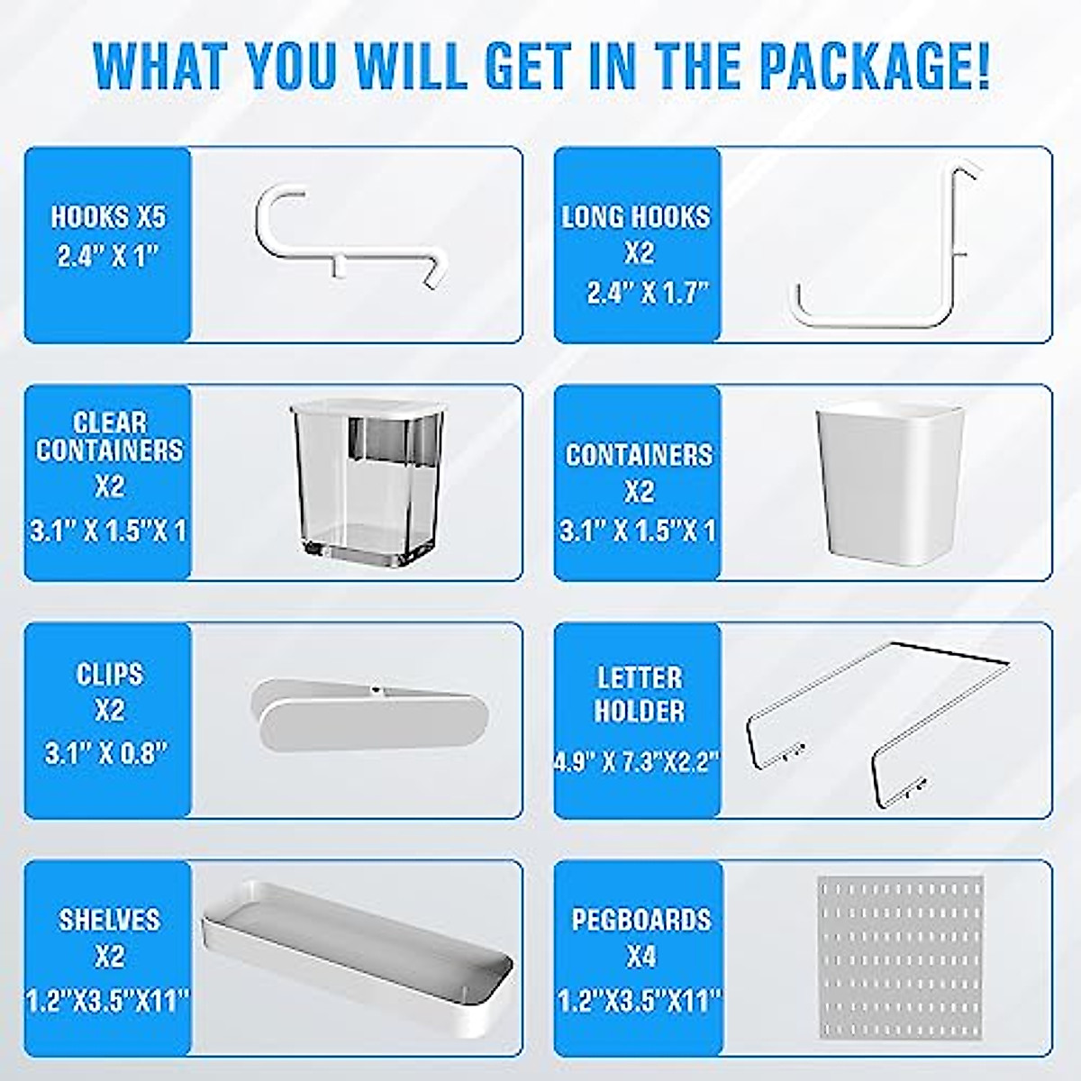 BeyondNovelties Pegboard Wall Organizer, Peg Board set Containing Pegboard x4 and 16 Accessories, Peg Boards for Walls, Office Wall Organizer, Keys Holder on Wall, Office Storage, 22"x22"