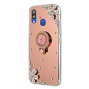 LCHDA for Samsung Galaxy A20/A30 Case Mirror Rose Gold with Ring Kickstand Glitter Sparkle Rhinestone Diamond Flower Makeup Cover with Finger Holder Grip for Samsung Galaxy A20/A30