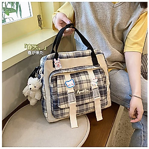 Kawaii Backpack with Plush Bear Pendant, Cute Plaided Japanese Ita Handbag Crossbody Shoulder Bag Aesthetic Tote Bag (Black)