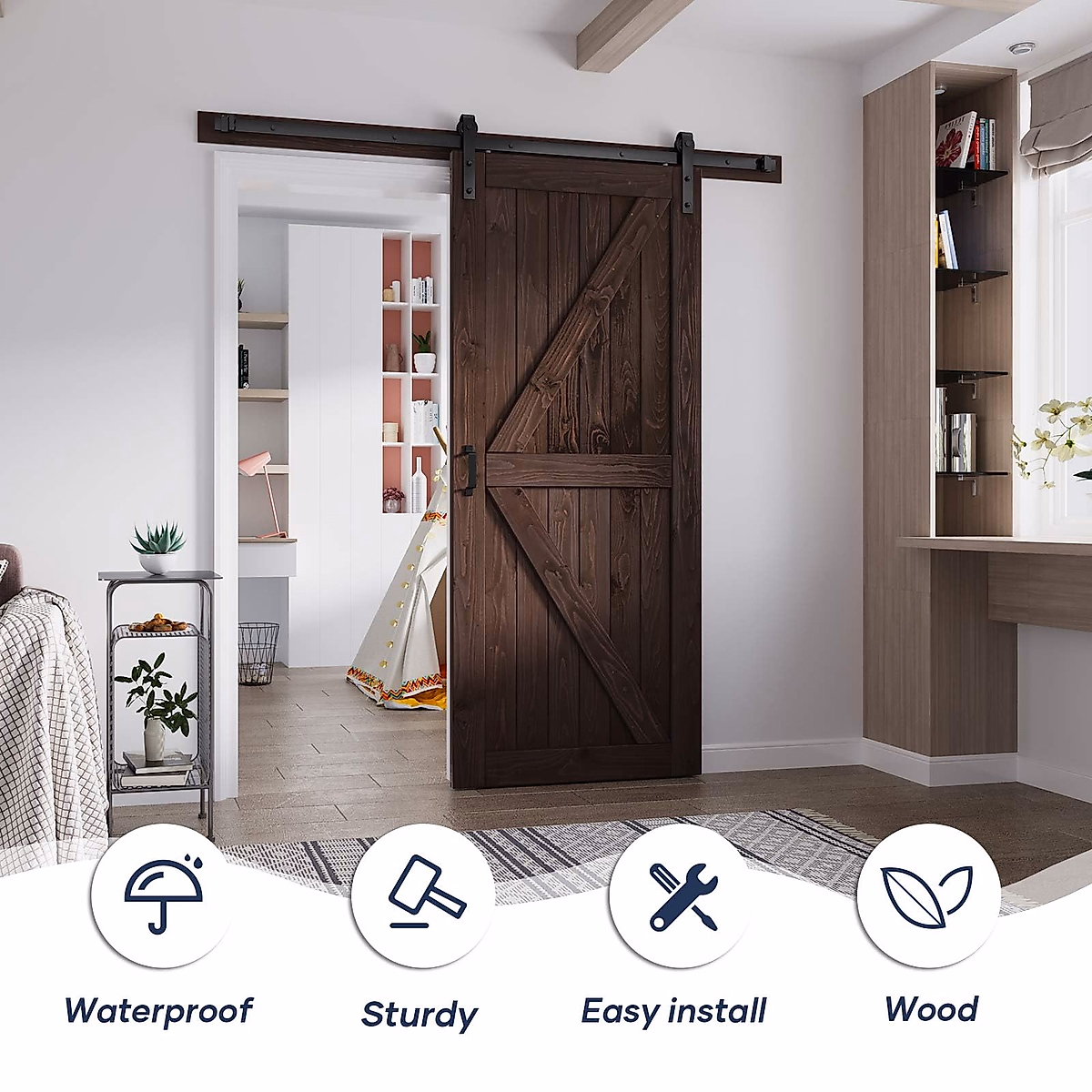 FREDBECK 36in x 84in Brown Barn Door with 6.6ft (79inch) Barn Door Hardware Track Kit and Handle Included, Double Surfaces,Simple Assembly is Required,K-Frame,Coffee