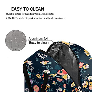 Flower Lunch Bag Tote Bag Leakproof Cooler Bag Floral Lunch Box with Front Pocket Water-resistant Thermal Lunch Bags Organizer Lunch Holder for women/Picnic/Hiking/Beach/Work