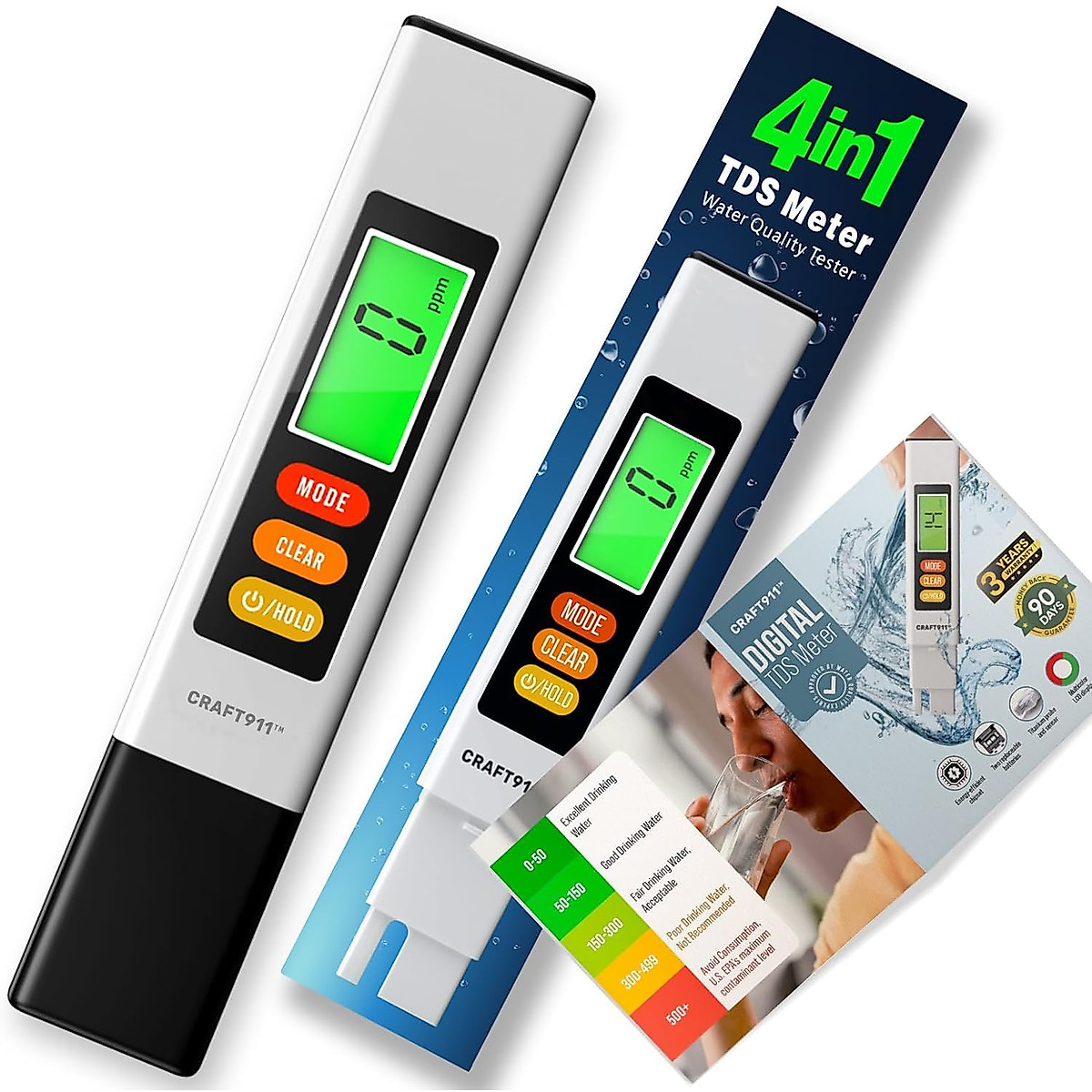 Craft911 4-in-1 Tds Meter Digital Water Tester for Drinking Water - Accurate and Reliable TDS Electric Conductivity Meter & Temp (°C,°F) Meter - 0-9990ppm