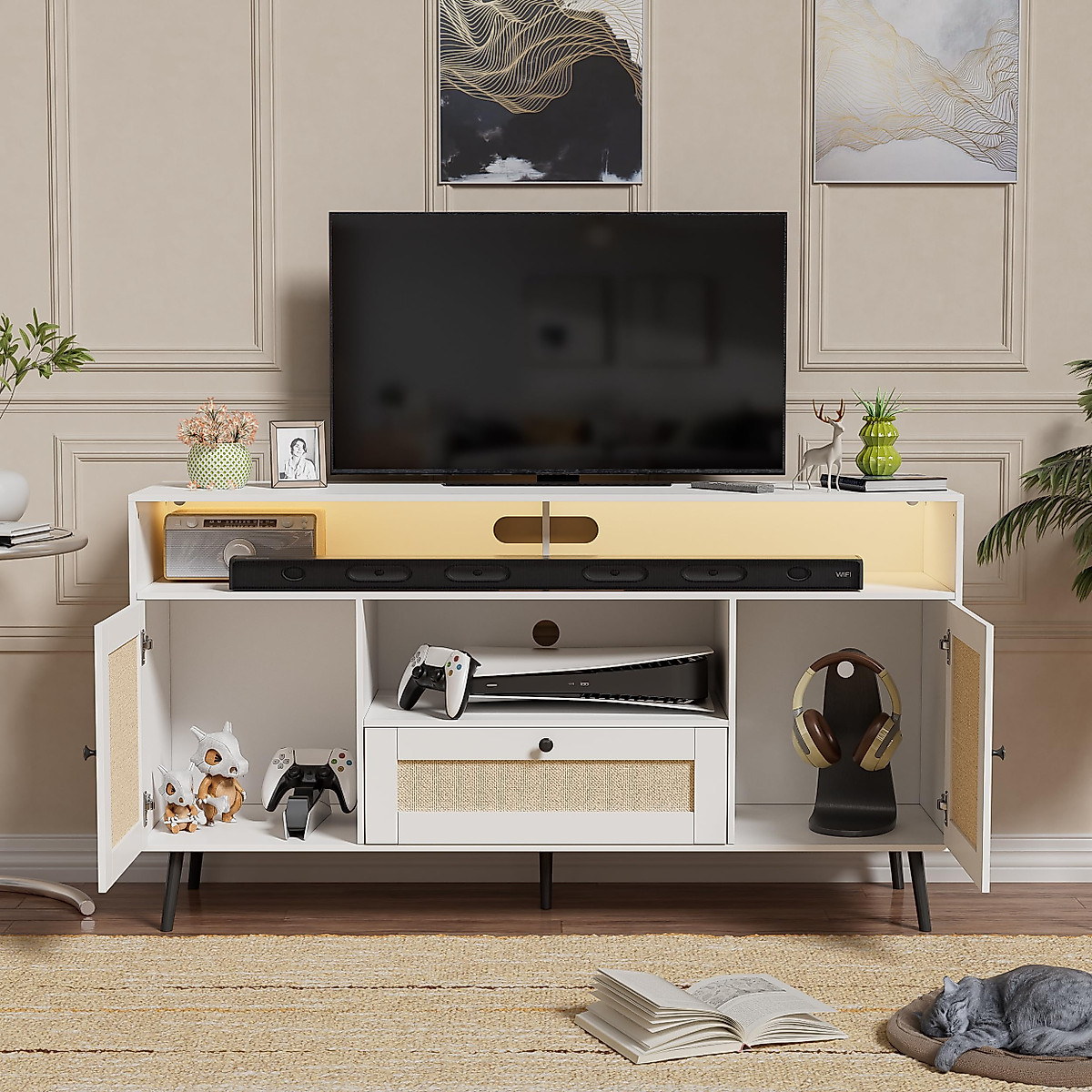 PAKASEPT TV Stand for TVs Up to 65 Inches, Entertainment Center Wood TV Stand with Sliding Doors & Shelves, TV Console Table Media Cabinet with Storage for Living Room Bedroom