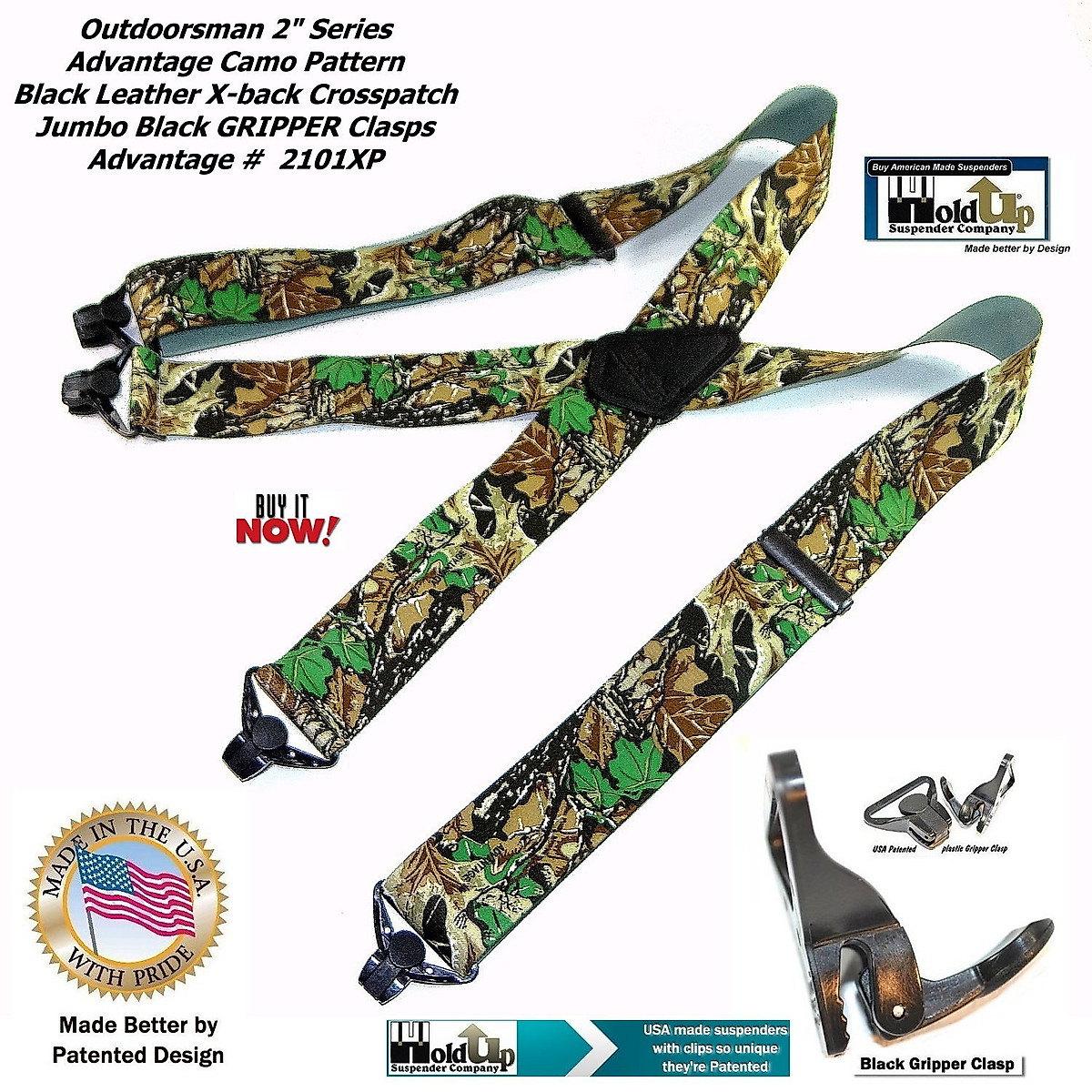 Holdup 2" Wide Outdoorsman Series Advantage Pattern Suspenders for Men with Composite Plastic USA Patented Gripper Clasp
