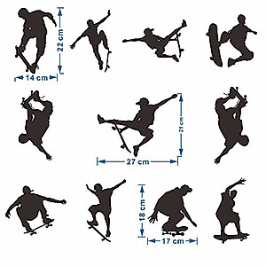 ANFRJJI Skateboard Wall Sticker - 11 Different Skaters Silhouettes in Extreme Actions - Removable PVC Vinyl Decals for Sports Youth Room and Bedroom - Skating Wall Art Mural JWH131 (Black)