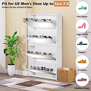 AODAILIHB White Shoe Cabinet for Entryway Slim, Narrow Freestanding Shoe Rack with 4 Flip Drawers&Mirror, Wood Shoe Storage Organizer for Closet, Apartment, and Corridor (Mirror Cabinet)