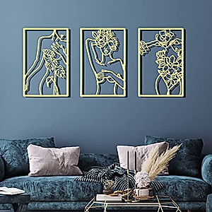 CHENGU 3 Pieces Metal Minimalist Abstract Woman Wall Art Line Drawing Wall Art Decor Single Line Female Home Hanging Wall Art Decor for Kitchen Bathroom Living Room (Gold, Simple Style)