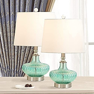 Maxax Glass Table Lamps Set of 2, Blue Bedside Desk Lamps with White Drum Shade for Living Room/Family/Bedroom/Nightstand