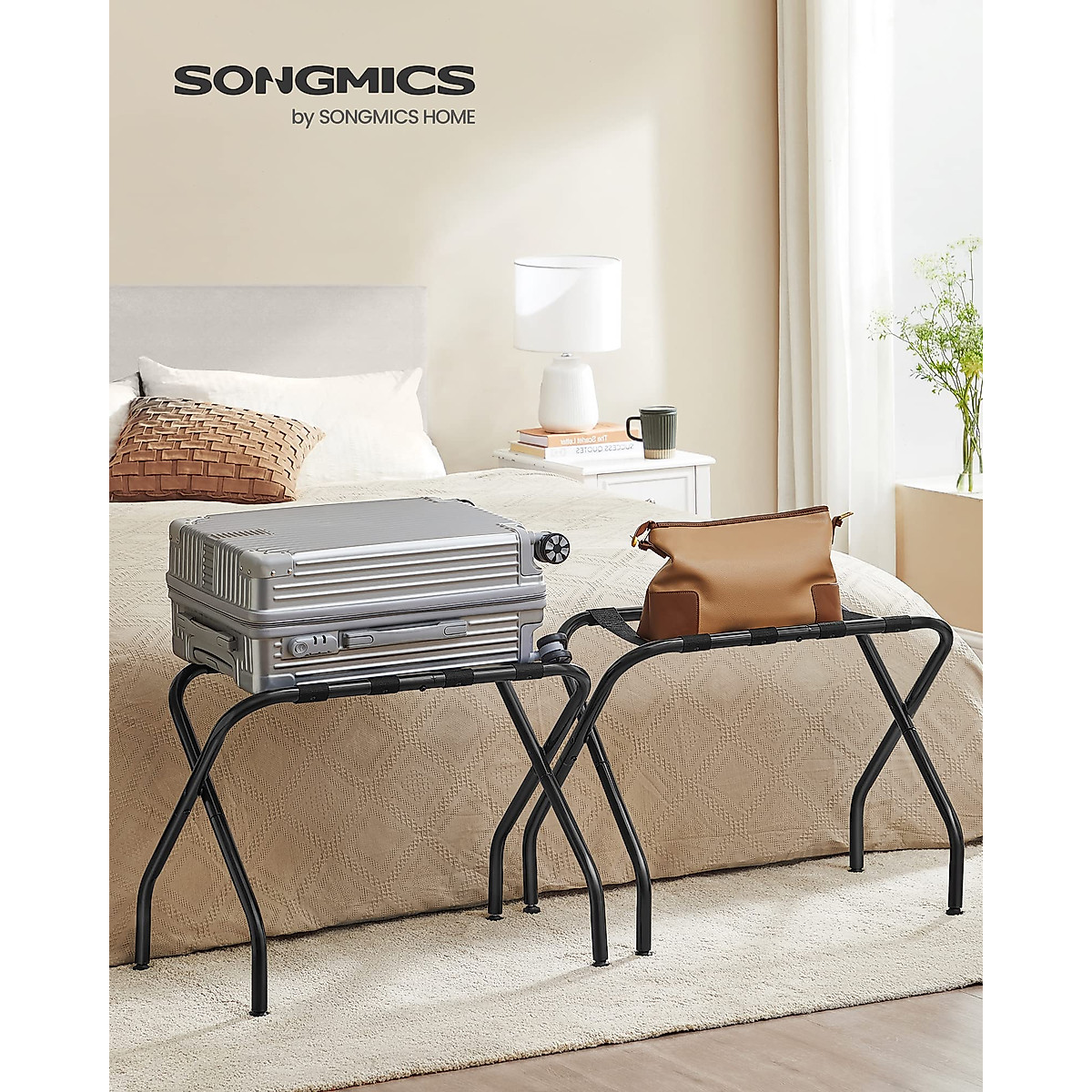SONGMICS Luggage Rack for Guest Room, Set of 2 Suitcase Stands, Foldable Steel Frame, for Hotel, Bedroom, Holds up to 110 lb, 27.2 x 15 x 20.5 Inches, Black URLR001B02