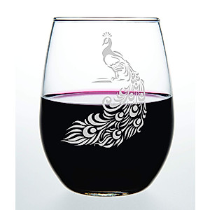 C & M Personal Gifts Stemless Wine Glass – Beautiful Peacock Printed Red Wine Glass Made from Lead-Free Quality Crystal Material for Men and Women – Made in USA – 17 Oz