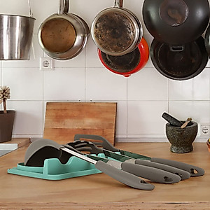 Zilicone Valet Silicone Spoon Rest with Drip Pad - 5 Slotted Spoon Rest for Kitchen Utensils, Tongs, Ladles - Heat Resistant Spoon Holder for Stove Top, Countertops, & Tables (Blue, 1)