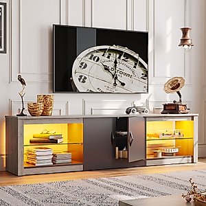 Bestier 70 Inch Led TV Stand for 75 Inch TV Large Entertainment Center Gaming with Adjustable Glass Shelves Two Cabinets Modern TV Console for Living Room 22 RGB Modes, Wash Gray