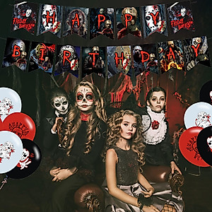 Friday The 13th Party Decorations,Birthday Party Supplies for Horror Movie Party Supplies Includes Banner - Cake Topper - 12 Cupcake Toppers - 18 Balloons