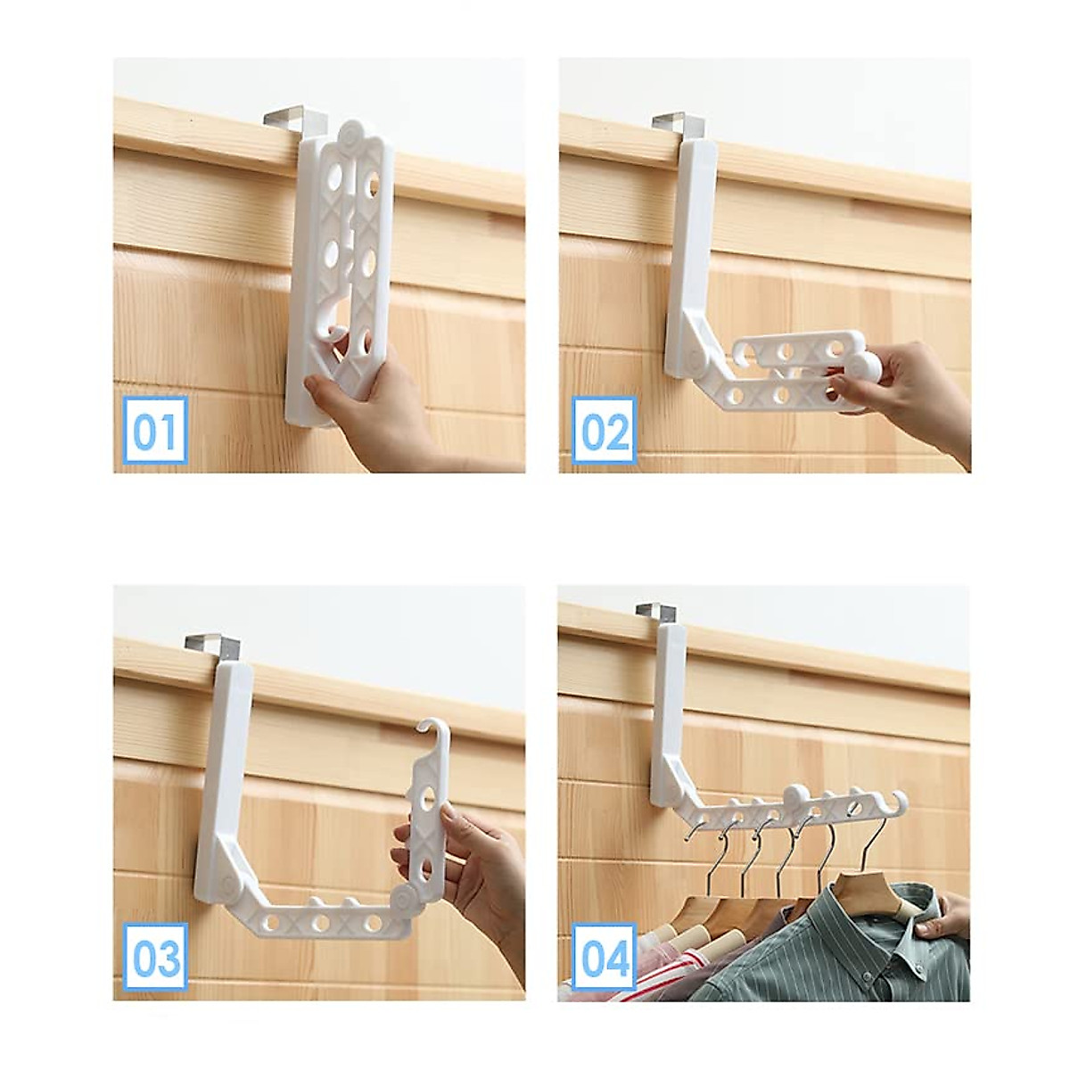 Multifunctional Portable Folding Door Hanger with 5 Holes for Hanging and Drying All Clothes, Coats, Scarves etc. Ideal for Home, Office and Traveling (White)