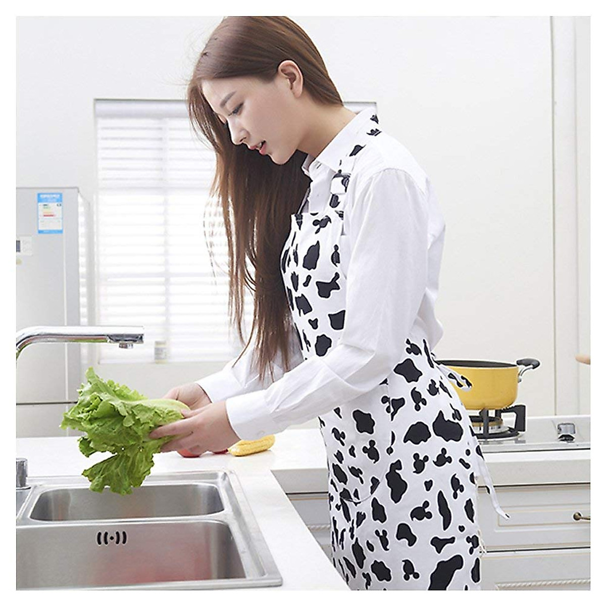 Love Potato Cute Women Girls Cooking Kitchen Apron with Pockets Black White Cow Print Bib Apron Gift, White