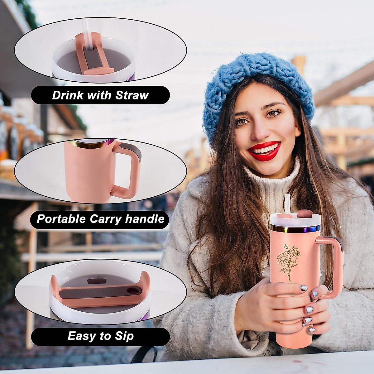 Birthday Gifts for Women, 40 oz Tumblers with Birth Month Flower, Stainless Steel Insulated Tumbler Travel Coffee Mug Cup Gifts for Friends Female Coworker Sister Mom Wife, Laser Engraved, Apr