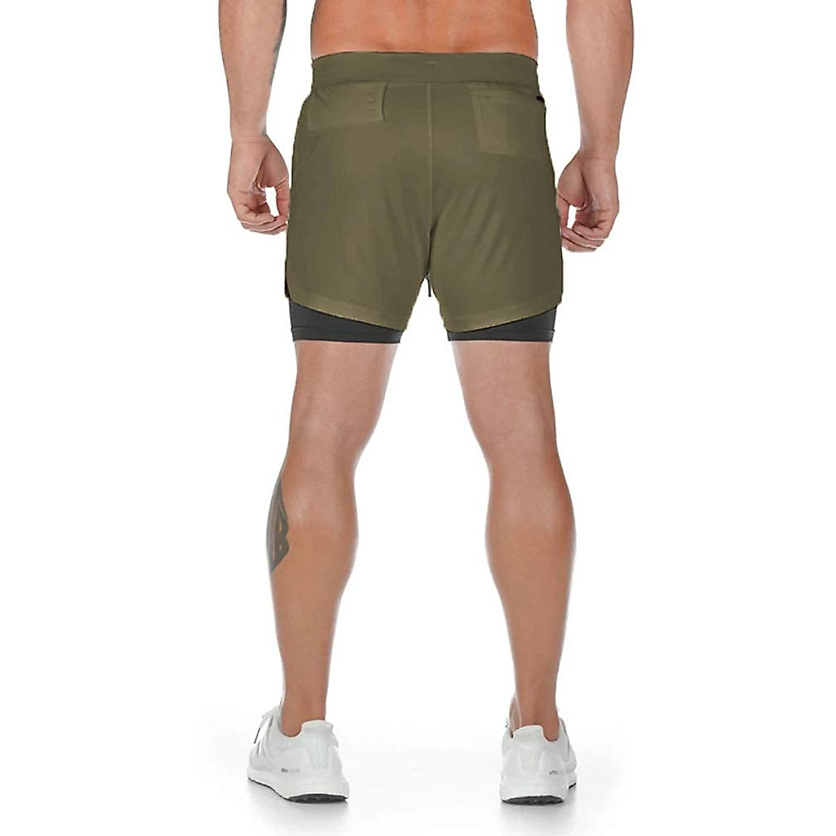 BOOMLEMON Men's 2-in-1 Running Workout Shorts Gym Training Athletic Short Pants with Towel Loop(Army Green M)