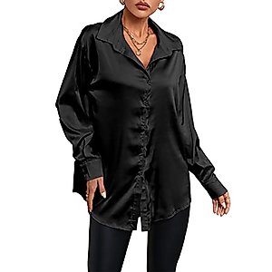 LYANER Women's Satin Silk Collar V Neck Button Down Long Sleeve Blouse Shirt Top Black X-Large