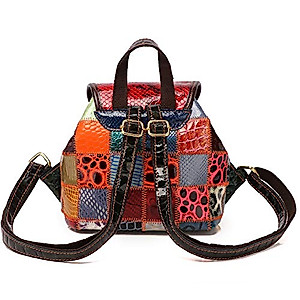 Segater Fashion Women Multicolor Backpack Genuine Leather Colorful Patchwork Shoulder Bag Bohemian Style Handbag