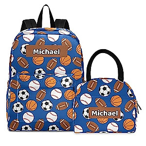 Vnurnrn Football Baseball Customized Kids Backpack Sets with Lunch Box Student School Bag Bookbag Set for Boys Girls Daypack for Traveling Laptop