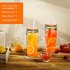 ONEHAUS Glass Cups with Lids and Straws 2 Packs - 24oz Glass Tumbler with Handle, Mason Jar with Lid and Straw -Wide Mouth Reusable Drinking Glasses, Smoothie Tumbler Iced Coffee Cup Travel Mug