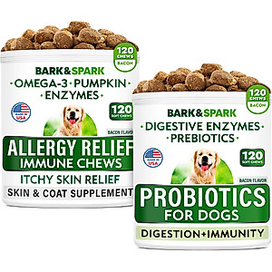 Allergy Relief + Probiotics & Digestive Enzymes for Dogs - Anti-Itch Skin & Coat Supplement - Omega 3 Fish Oil - Gut Health - Pet Diarrhea Gas Treatment, Upset Stomach Relief Pills, Digestion Health
