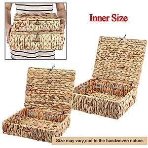 Hipiwe Wicker Storage Basket Bins with Lid Natural Water Hyacinth Basket Bin Boxes Rectangular Decorative Shelf Baskets Box Stackable Flat Woven Storage Box for Home Organizing, 2-Packs